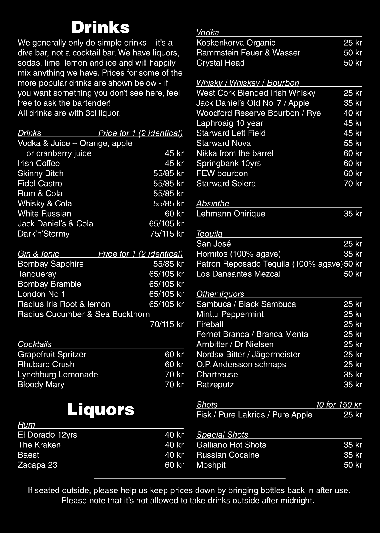 Drinks and prices - Escobar Copenhagen